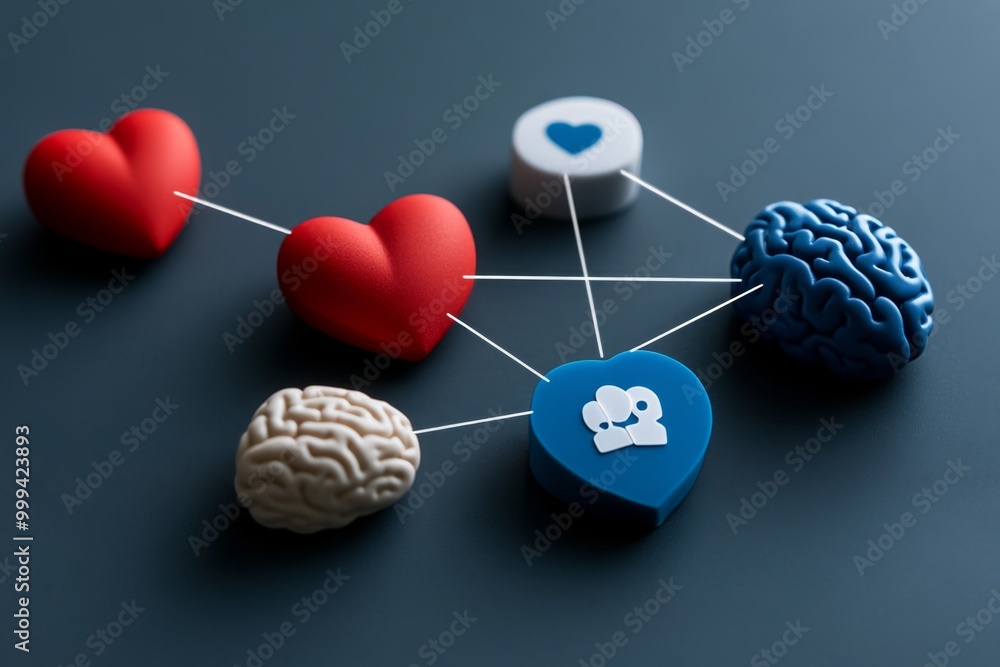 Concept of emotional intelligence, with icons of hearts, brains, and ...