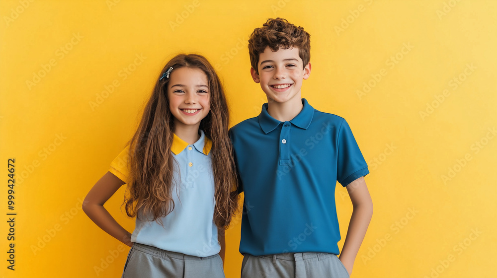Students wearing blue polo shirts on a yellow background. Portrait of a ...