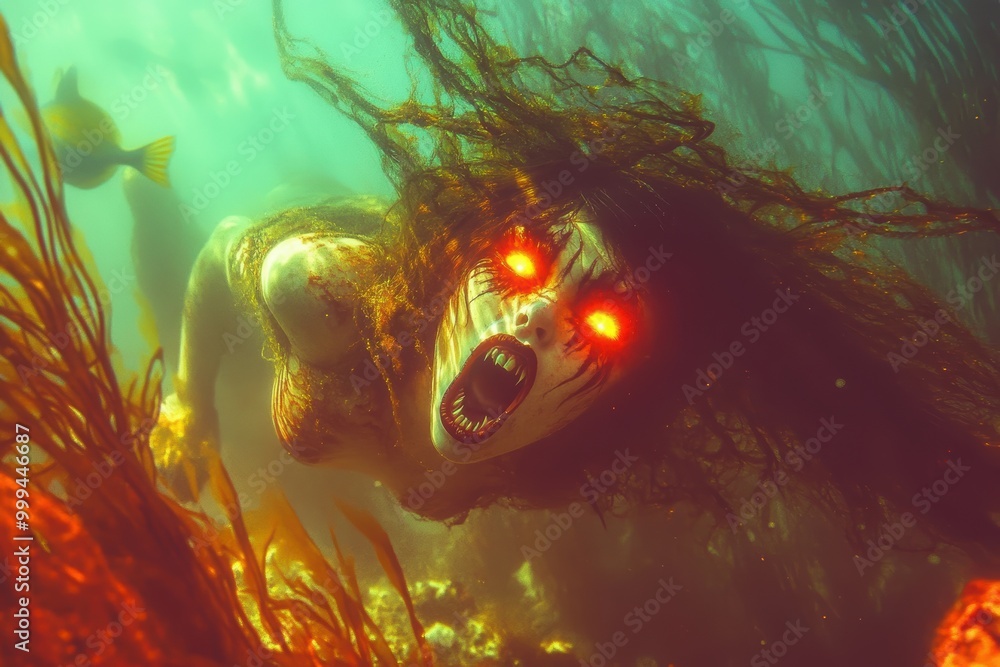 Horror inspired image of a fierce underwater creature with glowing red ...