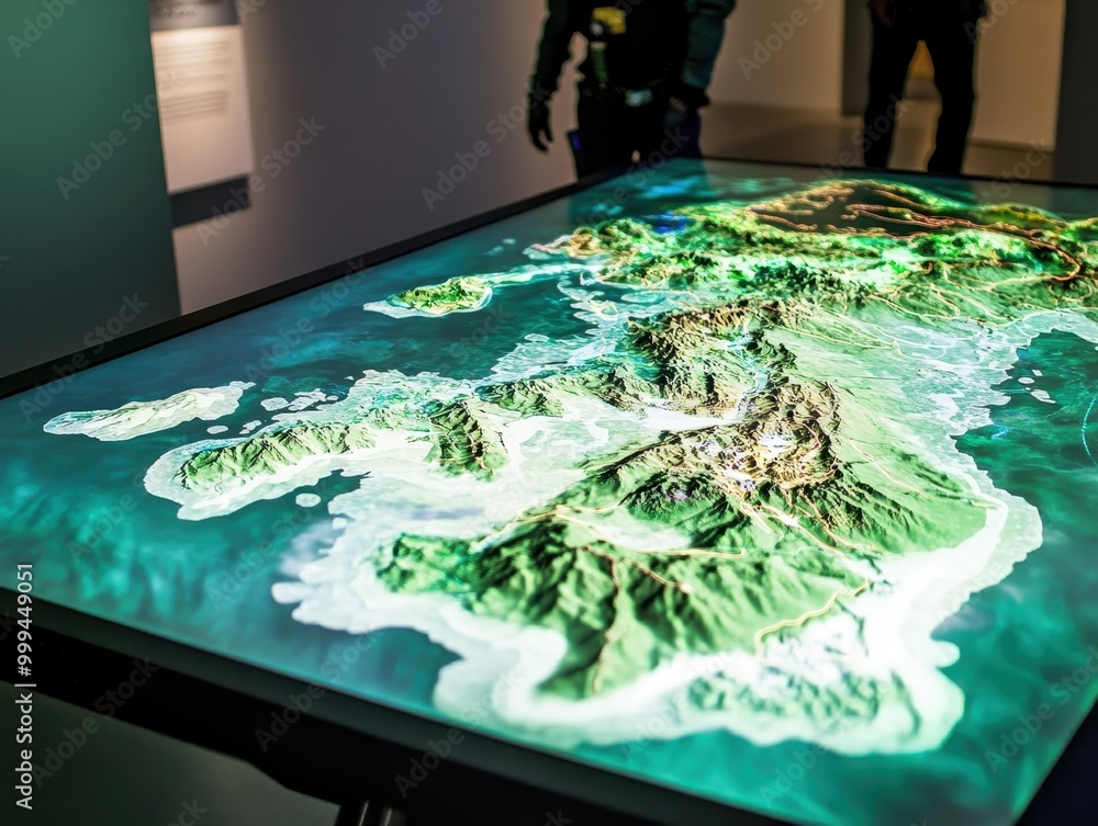 A vibrant, topographical display of an island, showcasing detailed ...