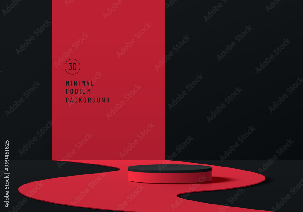 Realistic black 3D cylindrical podium background with red road free ...