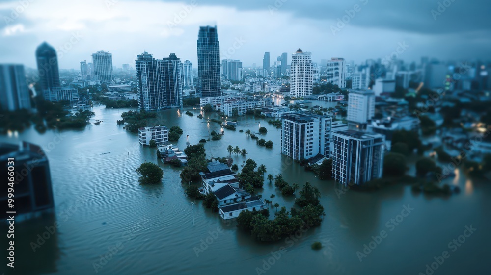 Aerial view of a flooded urban landscape, featuring skyscrapers submerged in water, highlighting ...