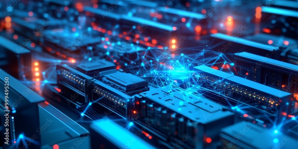 a 3D network design model, visualizing connections and device ...