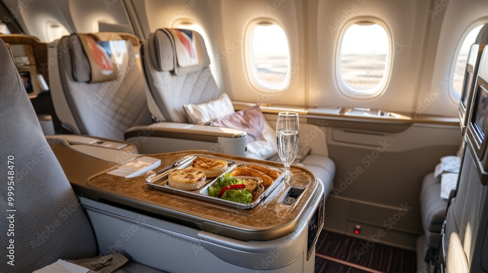 Emirates airline business class interior with food tray. Emirates is ...