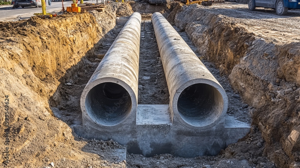 Foto de Stock Concrete drainage pipes at the construction site. Laying ...