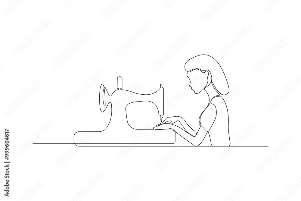 Continuous single-line art drawing of girl using sewing machine. Old ...