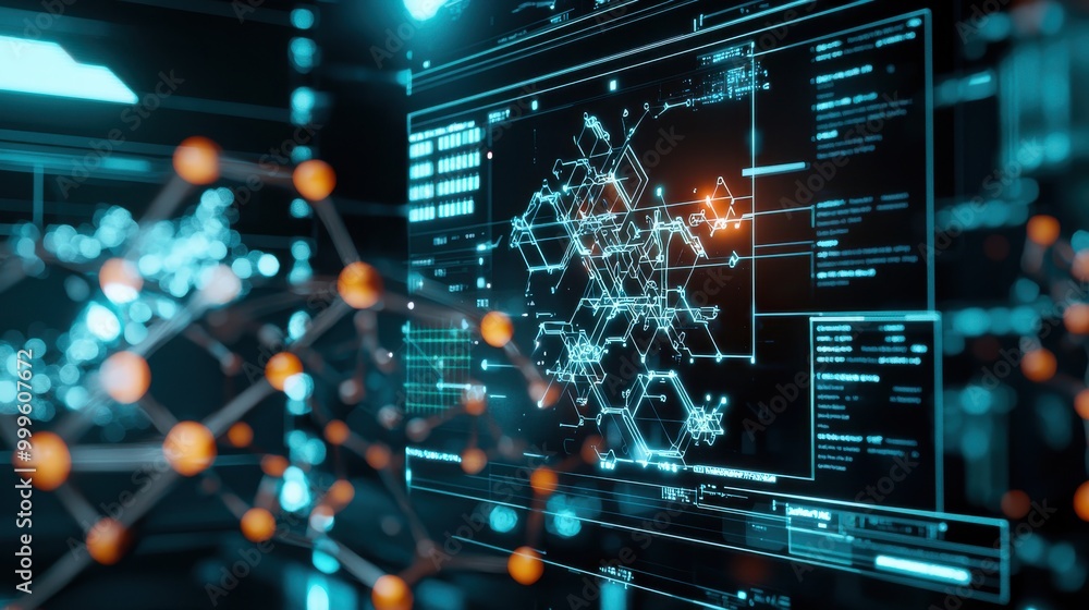 A laboratory scene where AI algorithms accelerate drug development, featuring digital models of ...