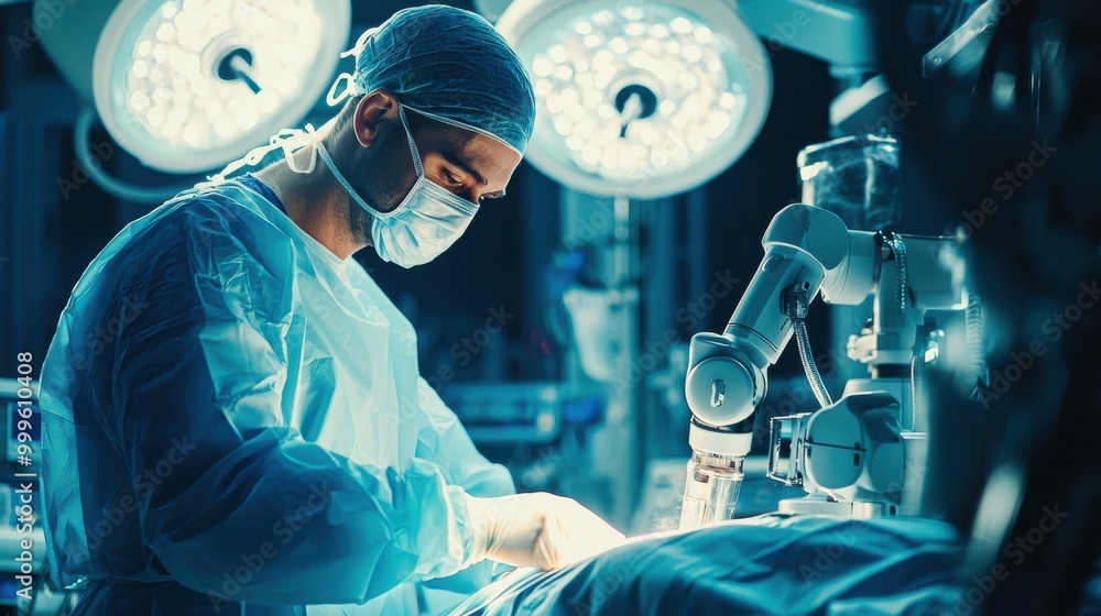 A surgeon collaborates with an AI-controlled robotic arm in a sterile ...