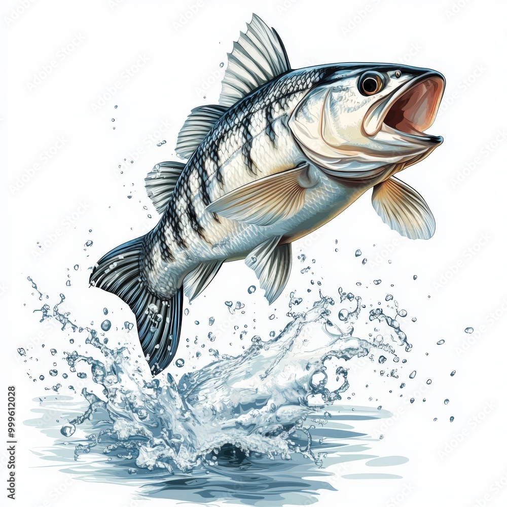Striped Bass - Realistic Jumping Fish Illustration in Splashing Water ...