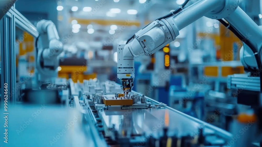 An assembly line in a modern manufacturing facility featuring robotic arms efficiently ...