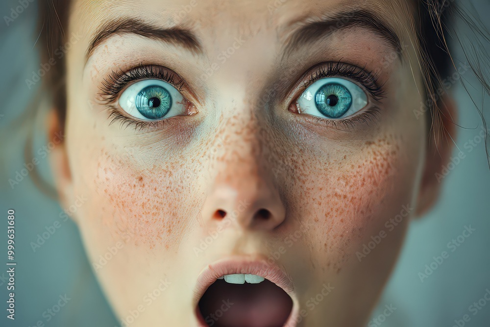 Shocked expression on a woman's face with wide blue eyes and freckles ...
