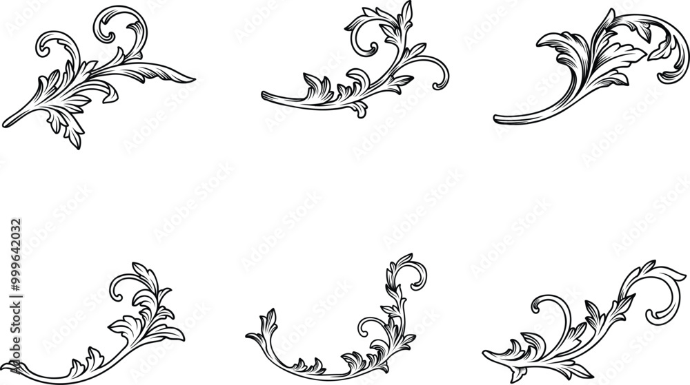 Vintage baroque engraving floral scroll ornament vector illustration ...