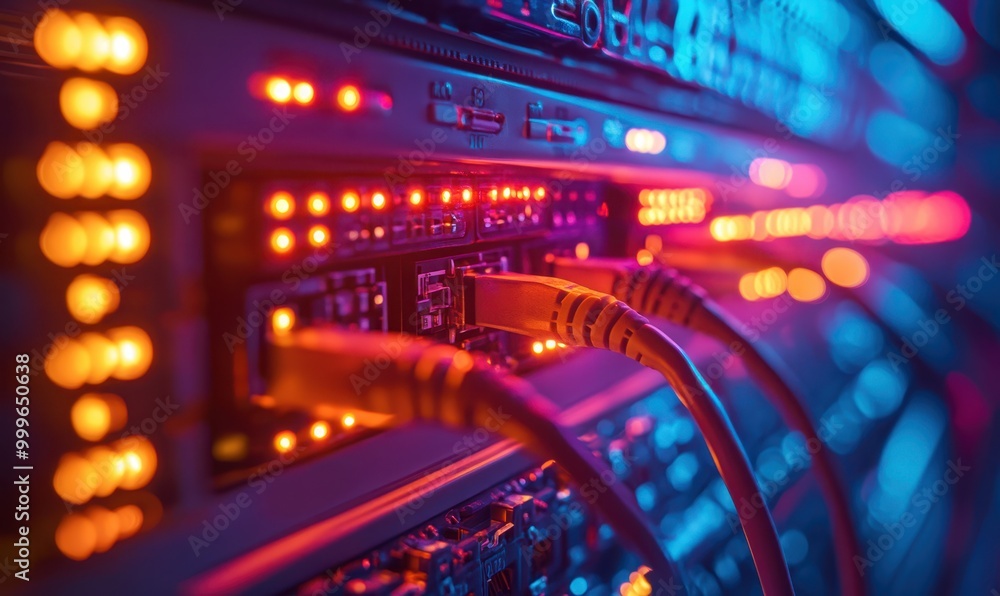 Fiber optic cable internet with big database servers connection line ...