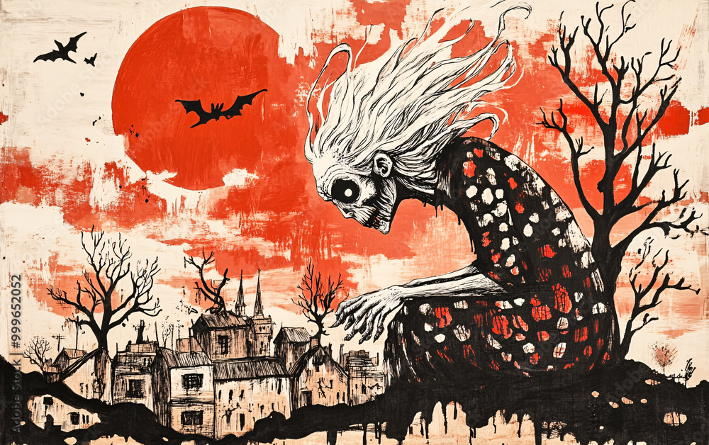 Haunting illustration of a sinister old woman with skeletal features ...