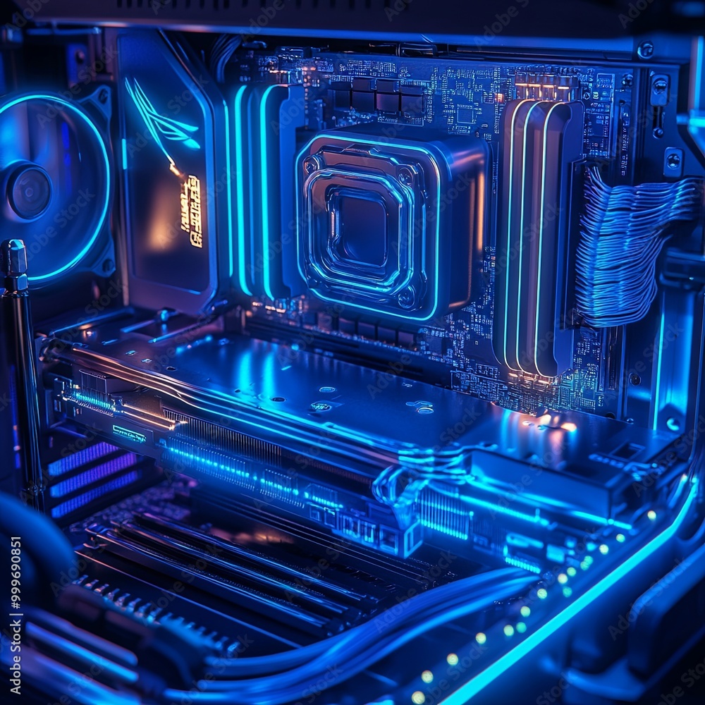 Inside Computer with blue neon glowing light around CPU , RAM , and ...