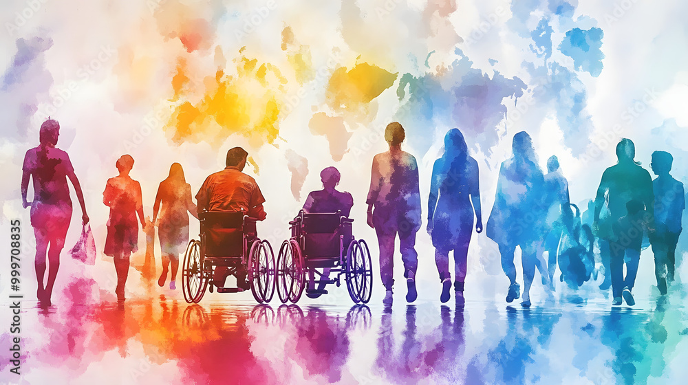 Colorful art watercolor painting depicts a diverse group of ...