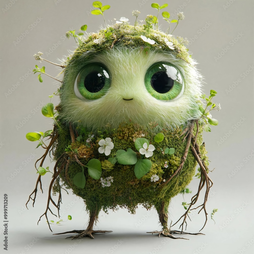 Whimsical Forest Sprite: Mossy Creature with Big Green Eyes on White ...