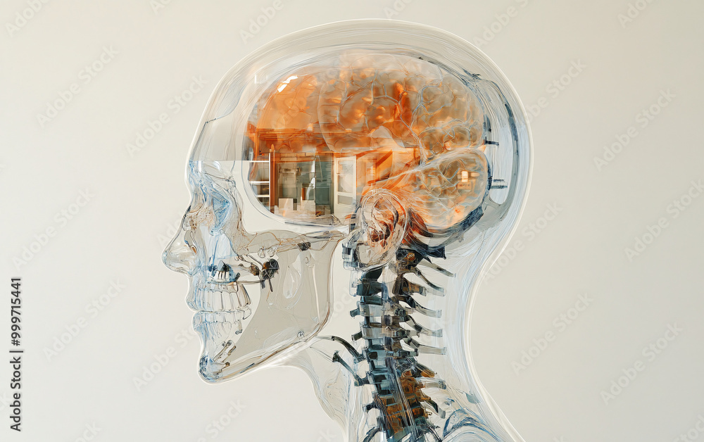 Creative x-ray-style illustration of a human head with architectural ...