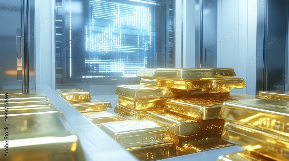 Gold bars stacked in a futuristic vault, with digital codes and ...