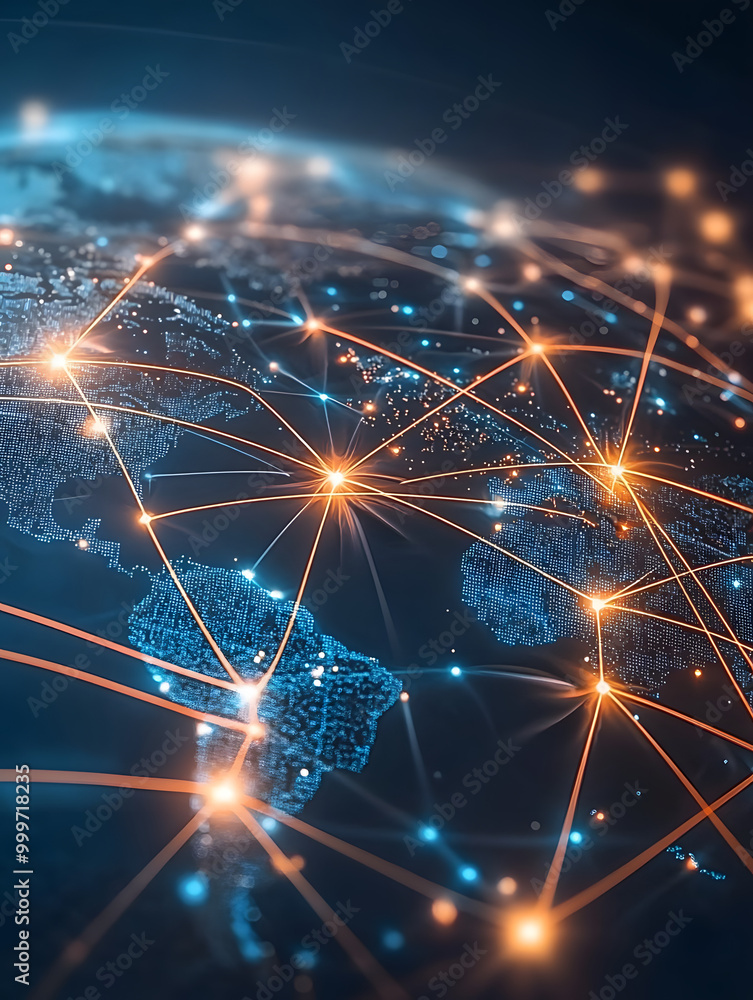 Global business network with world map and connecting flight paths ...