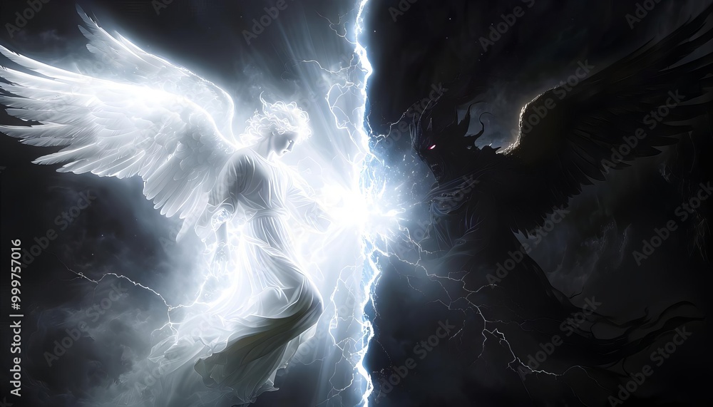 Glowing angel and dark angel battling with electricity, symbolic of ...