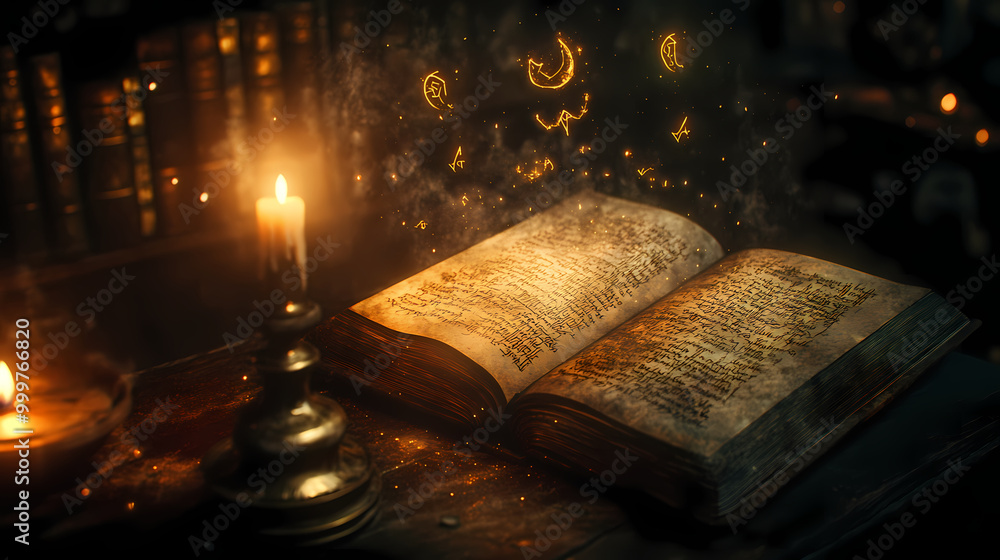 Generative AI, Magical Atmosphere: Dark Leather Spellbook Glowing on an Altar Stock Illustration ...