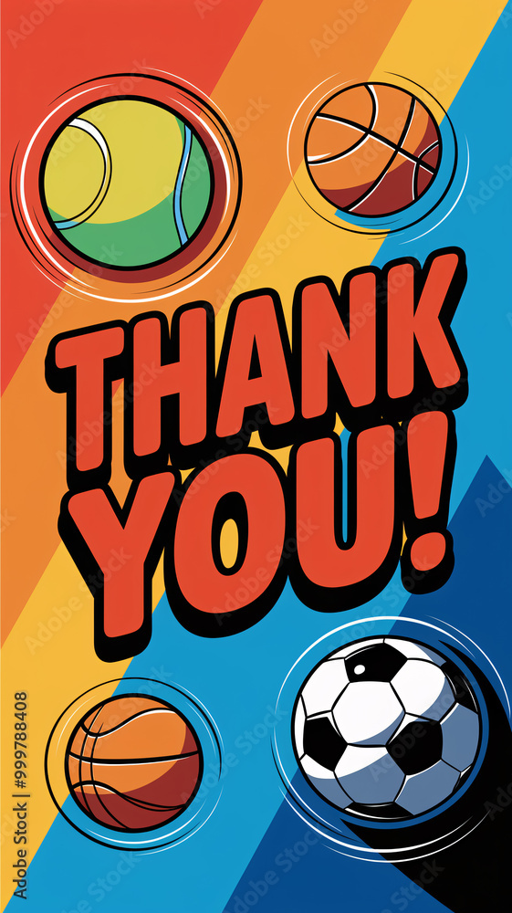 Bold "Thank You!" message surrounded by colorful sports balls including ...