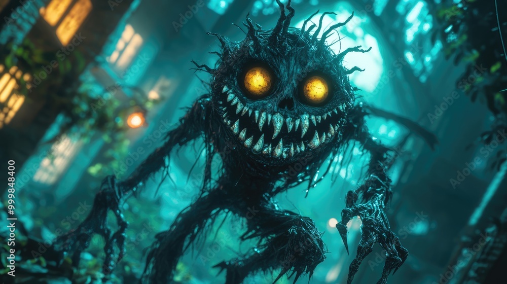 A creepy puppet-like monster-villain in dark fantasy style, with a ...