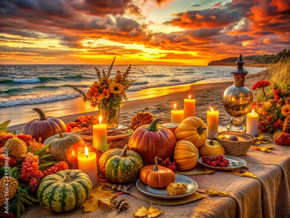 Beach Thanksgiving Celebration with Autumn Decor, Pumpkins, and Scenic ...