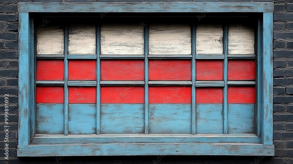 A weathered window pane, divided into nine sections, reveals a layered ...
