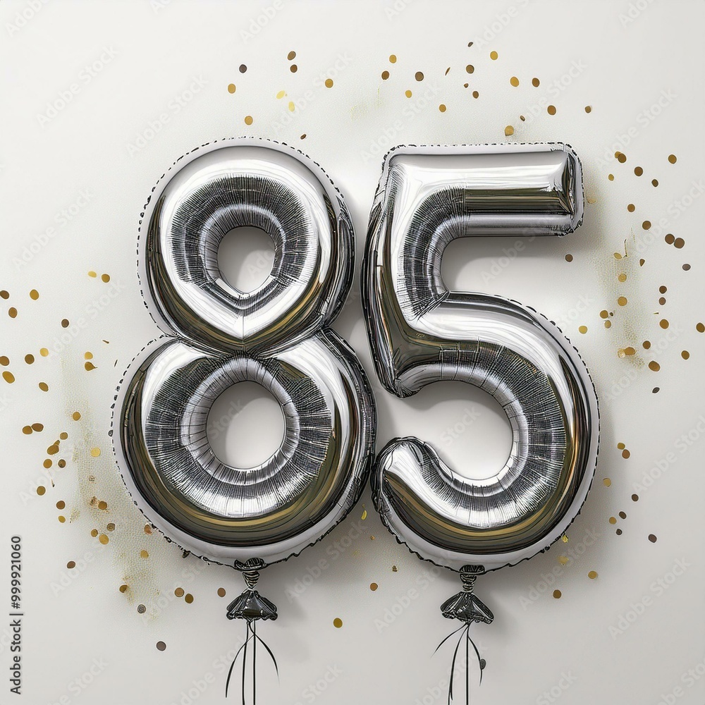 Silver birthday / anniversary balloon, number 85, white background with ...