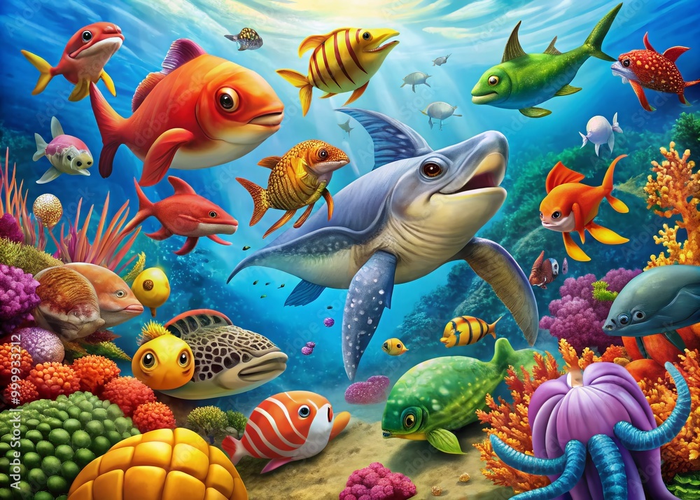Colorful Cartoon Sea Animals Collection Featuring Fish, Octopus, Crab ...