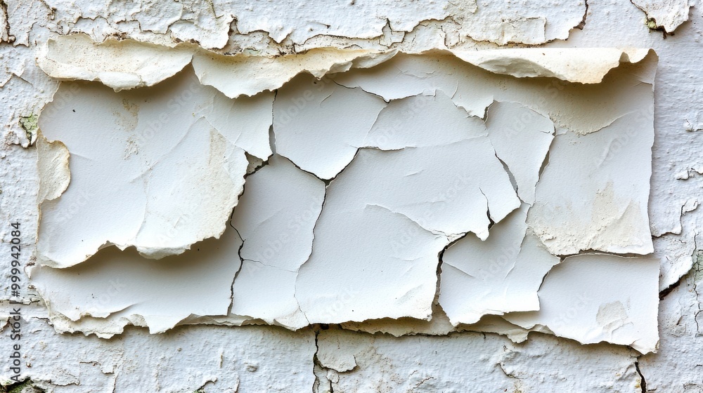 White paint peeling off a wall, revealing the underlying layers of a ...