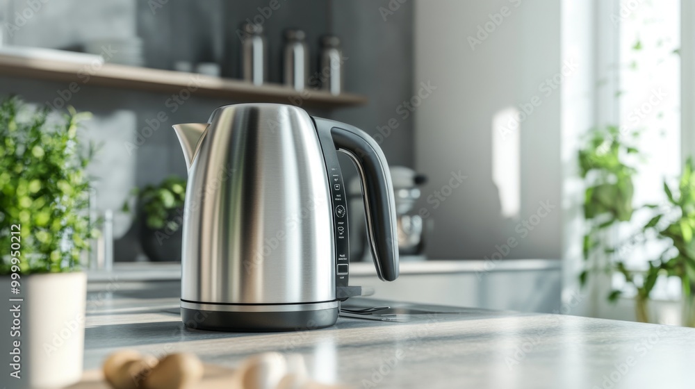 A classic electric kettle in a sleek kitchen setting, with a clear ...