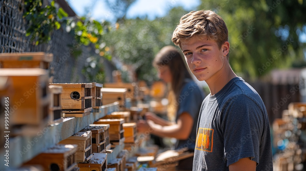 Engaged Students Building Colorful Birdhouses in Outdoor Classroom ...