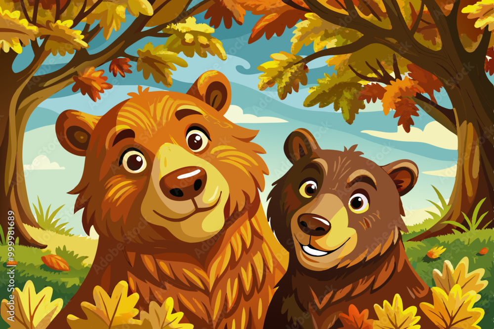 funny two brown bear in autumn park with oak trees , vector cartoon ...