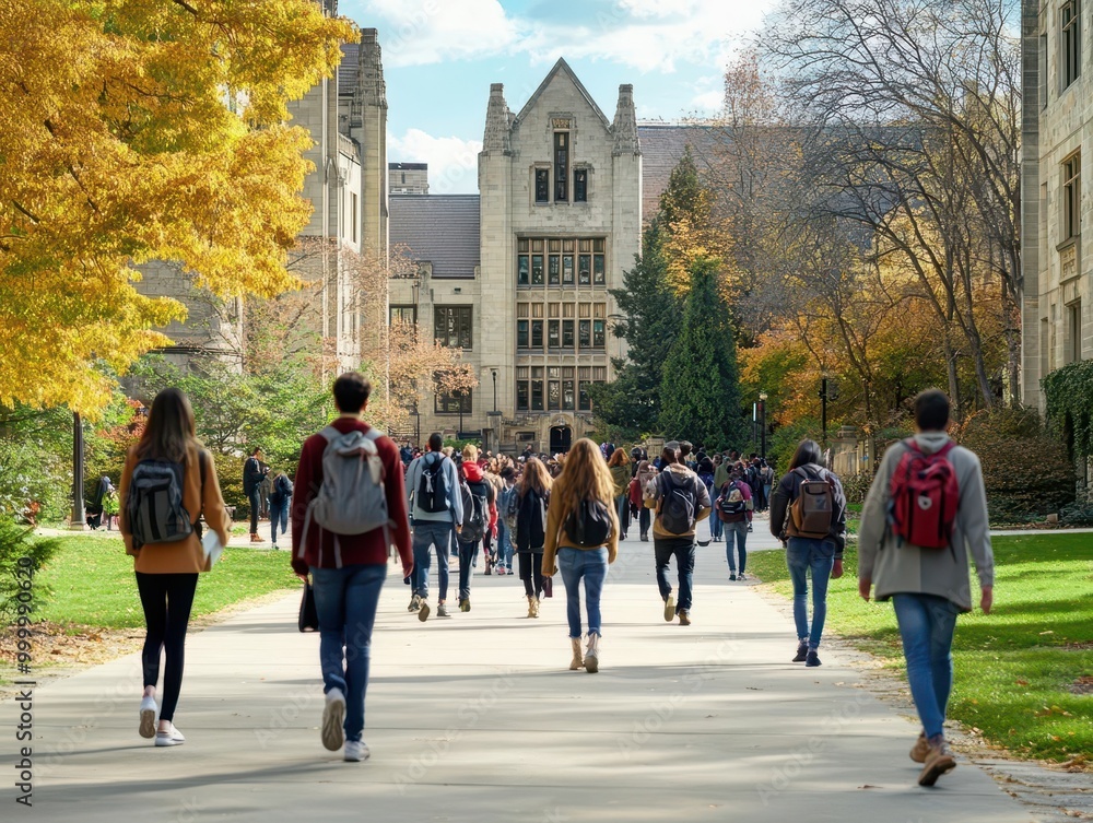 Bustling university campus scene, diverse students walking between ...