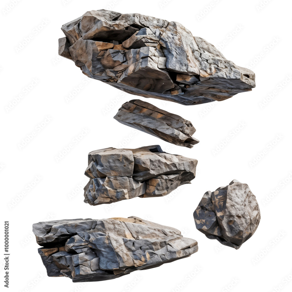 Floating and crumbling rocks, isolated on transparent background ...