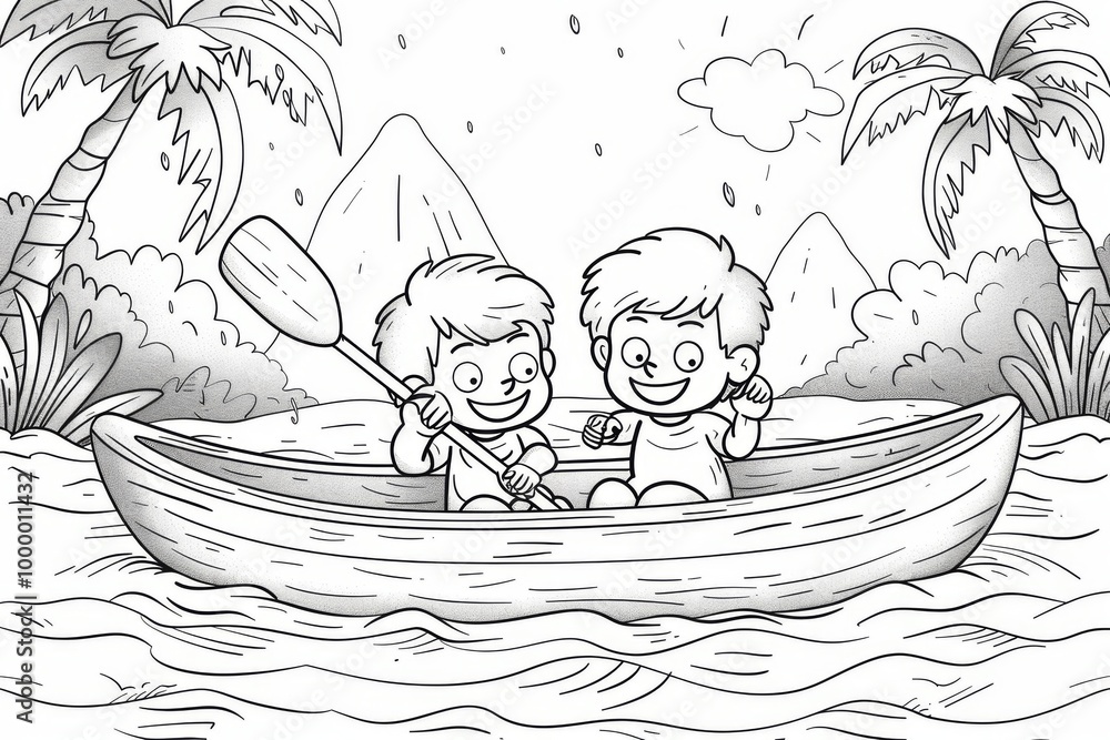 Happy Boys in Canoe at Sea with Palm Trees, Simple Kawaii Cartoon Style ...
