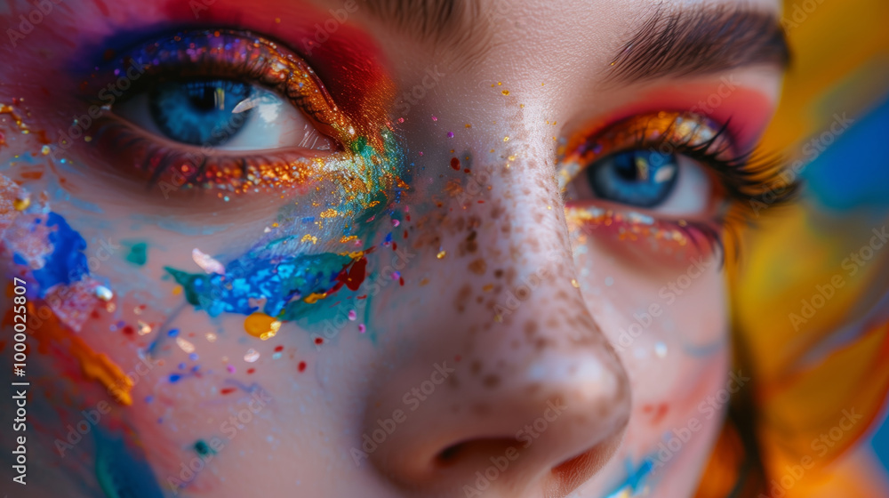 A close-up of the face, with colorful makeup on her eyes and cheeks ...