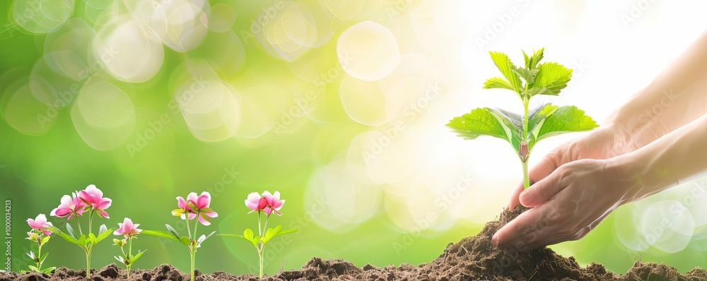 Hand planting a young tree sapling in soil, surrounded by small pink flowers, bright sunlight ...