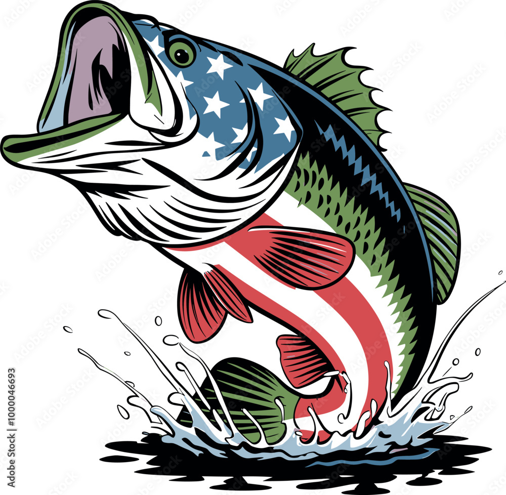 Big bass fish with USA flag vector for t-shirt Big bass fish vector ...