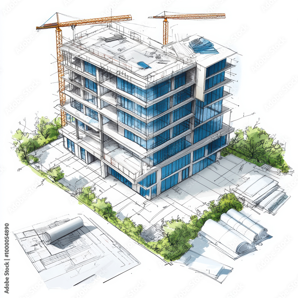 3D commercial building rises from architectural 2D plans, plants, trees ...