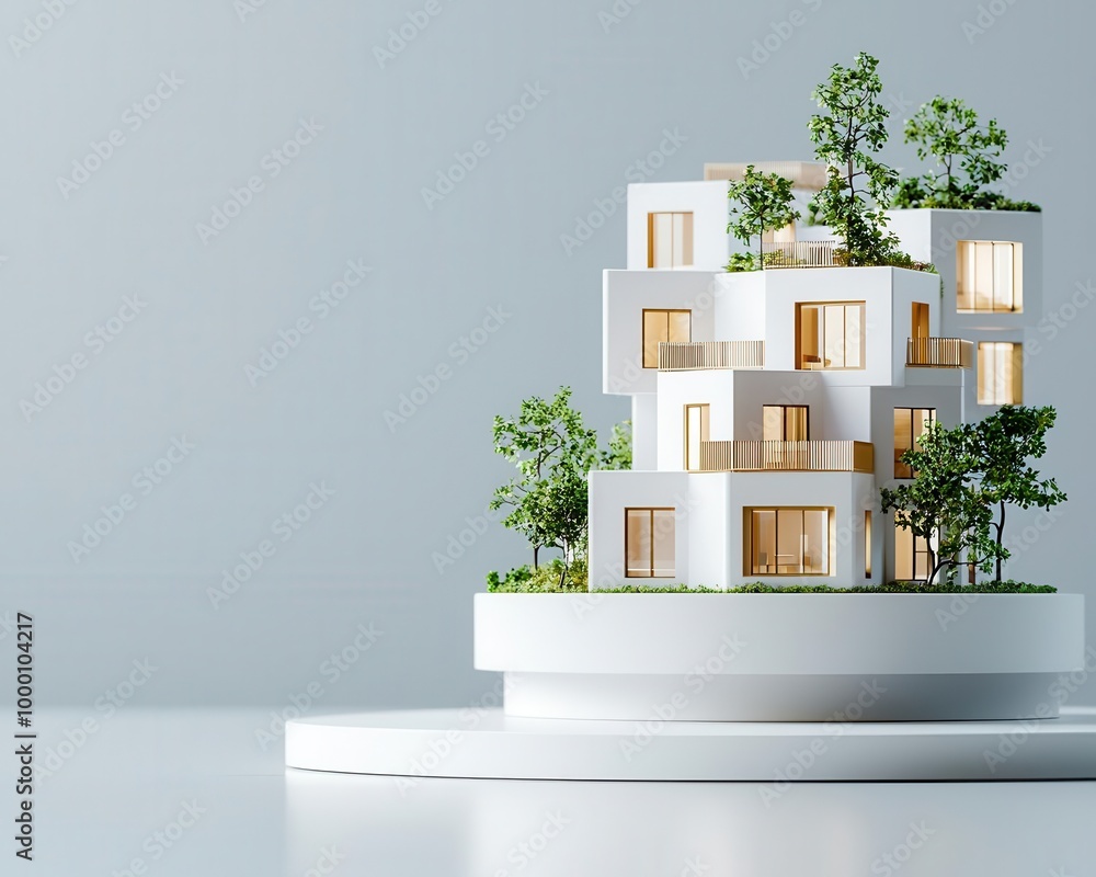 Urban housing mass model with white facade, wooden detailing, and gold ...