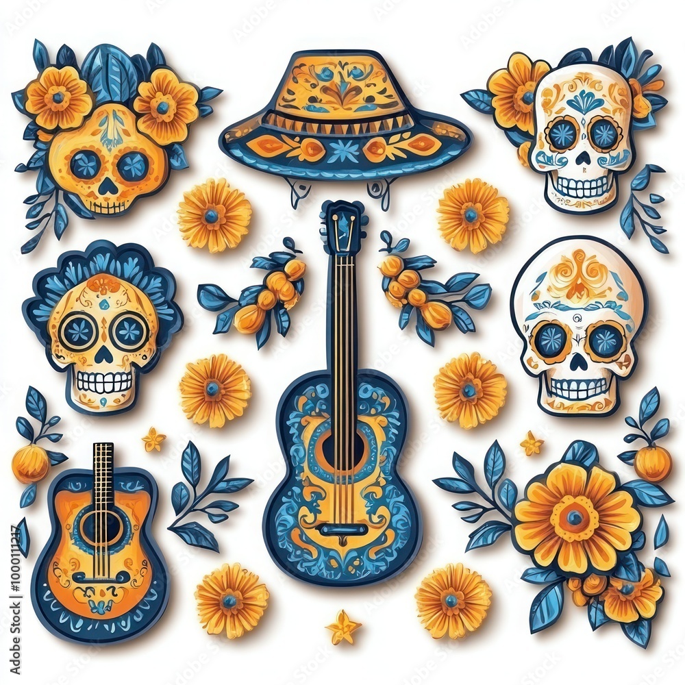 Mexican Day of the Dead Papel Picado Vector Set with Skulls, Sombreros ...