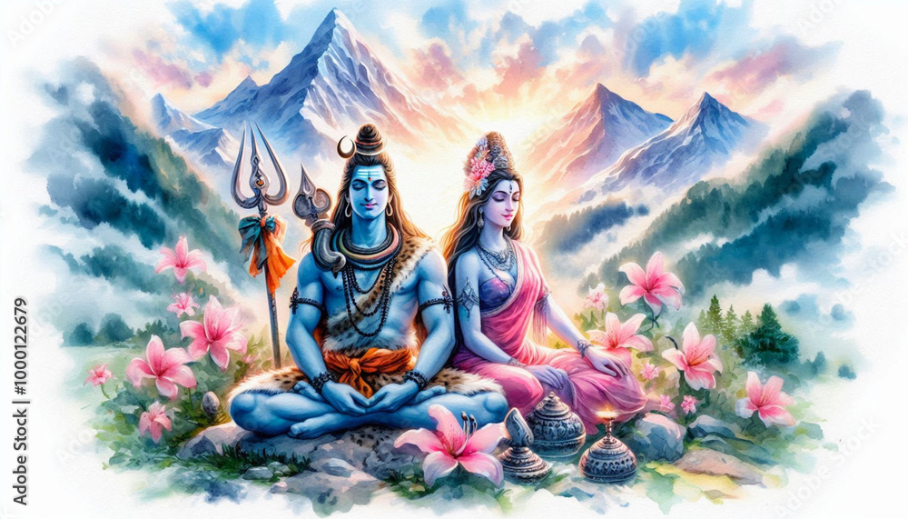 portrait of colorful watercolor Indian Hindu religious god Shiva or ...