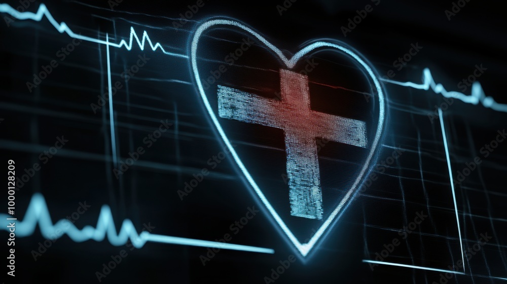 Heart monitor with a Christian cross on the screen, representing the ...