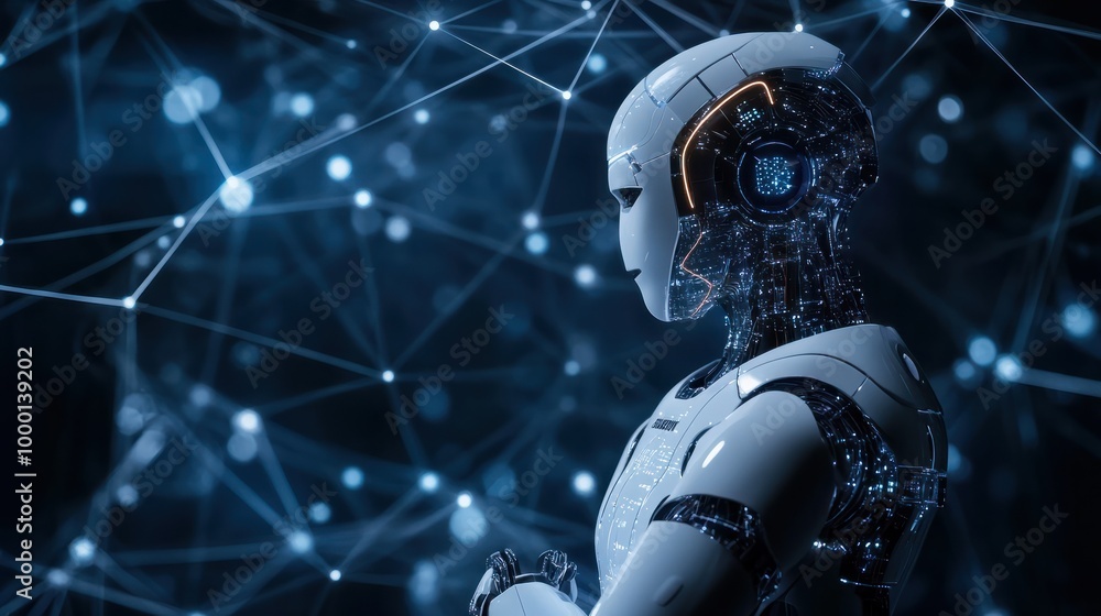 Robotics or ai artificial intelligence connecting interaction with human.Chat bot software ...