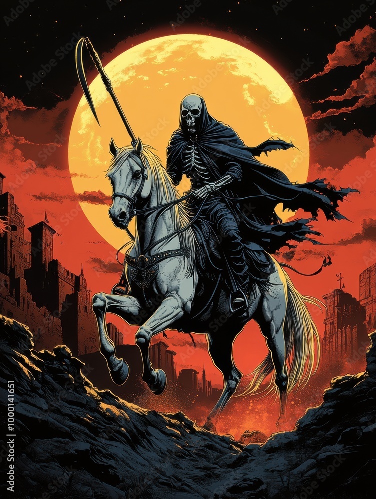Grim reaper on horseback under a full moon in dark fantasy art, perfect ...