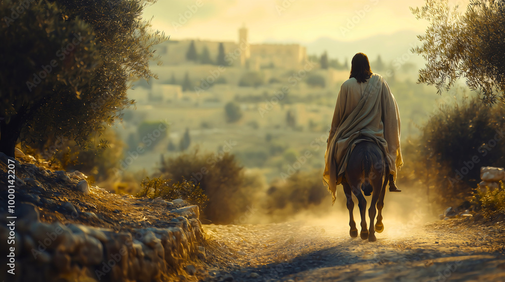 Jesus, calm and serene, riding on a small donkey down a dusty path, His ...